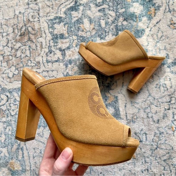 Coach | Shoes | Coach Janett Heeled Mules Clogs Tan Suede Womens 65 ...